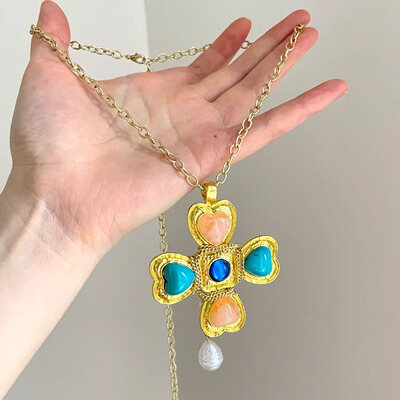 Vintage古着 Glazed heart cross项链