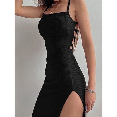Sexy Black Long Bodycon Dress Women Summer Sleeveless Blackl