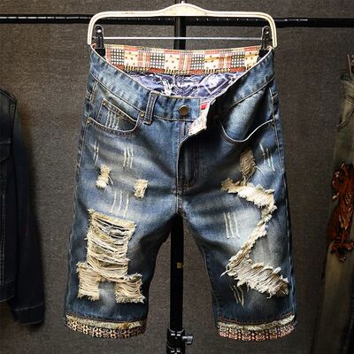 2023 Summer New Men's Ripped Short Jeans Streetwear Big Hole