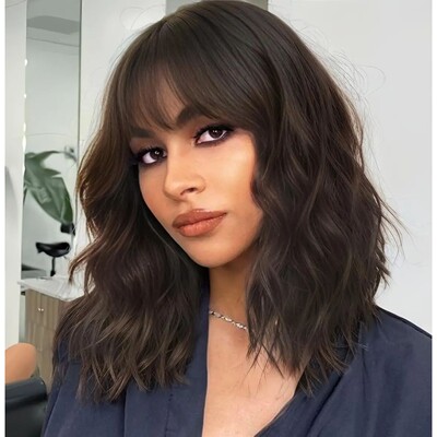 HAIR Natural Brown Synthetic Curly Wavy Bob Wig with Bangs f