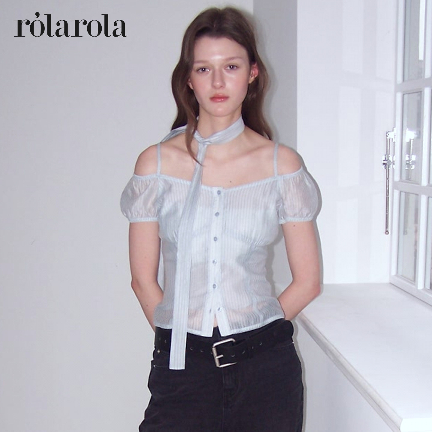 [张元英同款]rolarola26年新款甜美少女风露肩收腰短袖气质显瘦