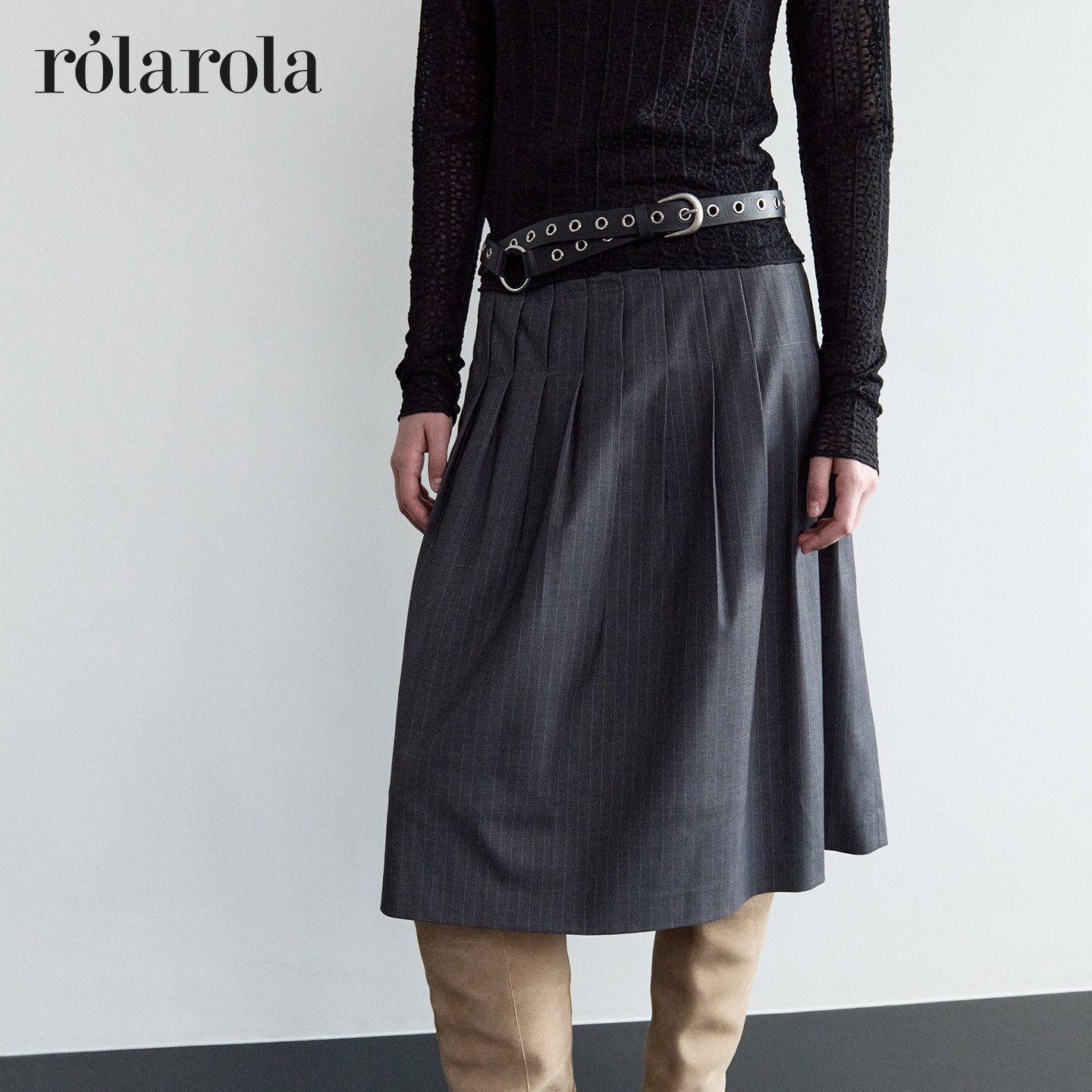 [张元英同款]ROLAROLA新款复古竖条纹半身裙百褶裙A字裙