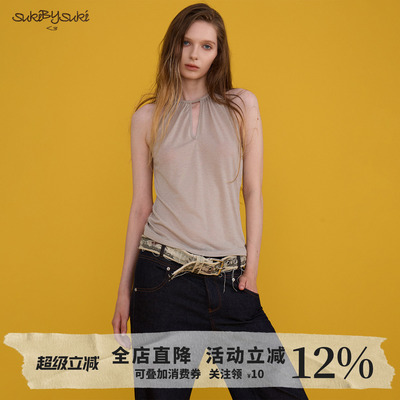 亚麻微透套头抽褶V领吊带