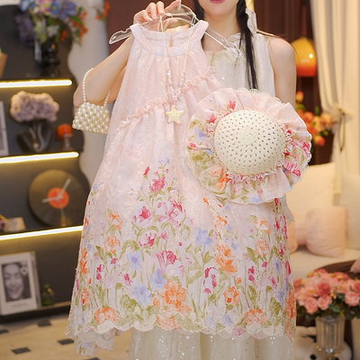 【BK】【送帽子项链】夏季新款女童洋气碎花无袖度假连衣裙HCF287