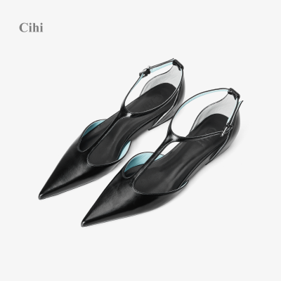 Cihi锐头剪裁 T字带利落纵向线条薄荷绿撞色尖头内增高单鞋