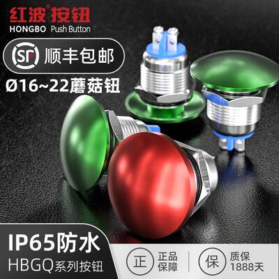 161922mm红波金属蘑菇按钮开关电源点动复位绿红色防水24220V按键