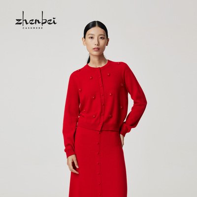 珍贝秋冬新款圆领花朵珍珠女开衫