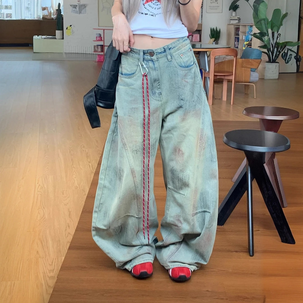 美式复古脏染弯刀裤牛仔裤女夏季设计感工装高腰宽松阔腿镰刀裤子