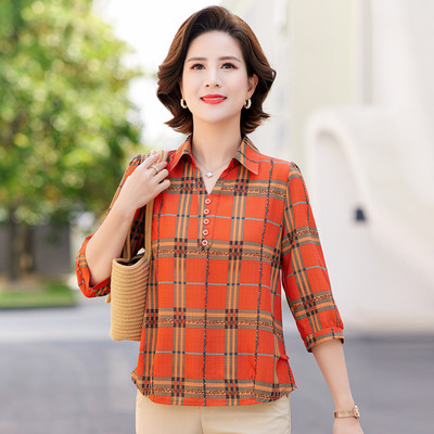 台格春夏气质妈妈装中老年装翻领格纹七分袖薄上衣断码清仓不补