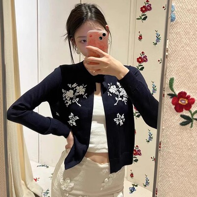 shushu手工刺绣花钉珠针织上衣女