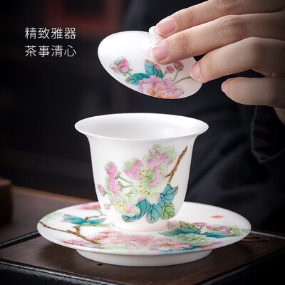 妙莲天香庄晓明老师n手绘《樱雪飘香》三才盖碗单个高档茶具泡茶