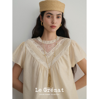 Le Grenat春夏女蕾丝拼接塔克褶亚麻混纺小飞袖上衣荷叶袖衬衫