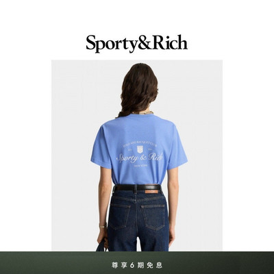Sporty&Rich British Sports系列男女同款休闲亚麻蓝短袖T恤上衣