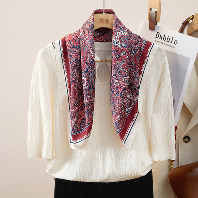 她池撞色气质复古印花丝巾方巾