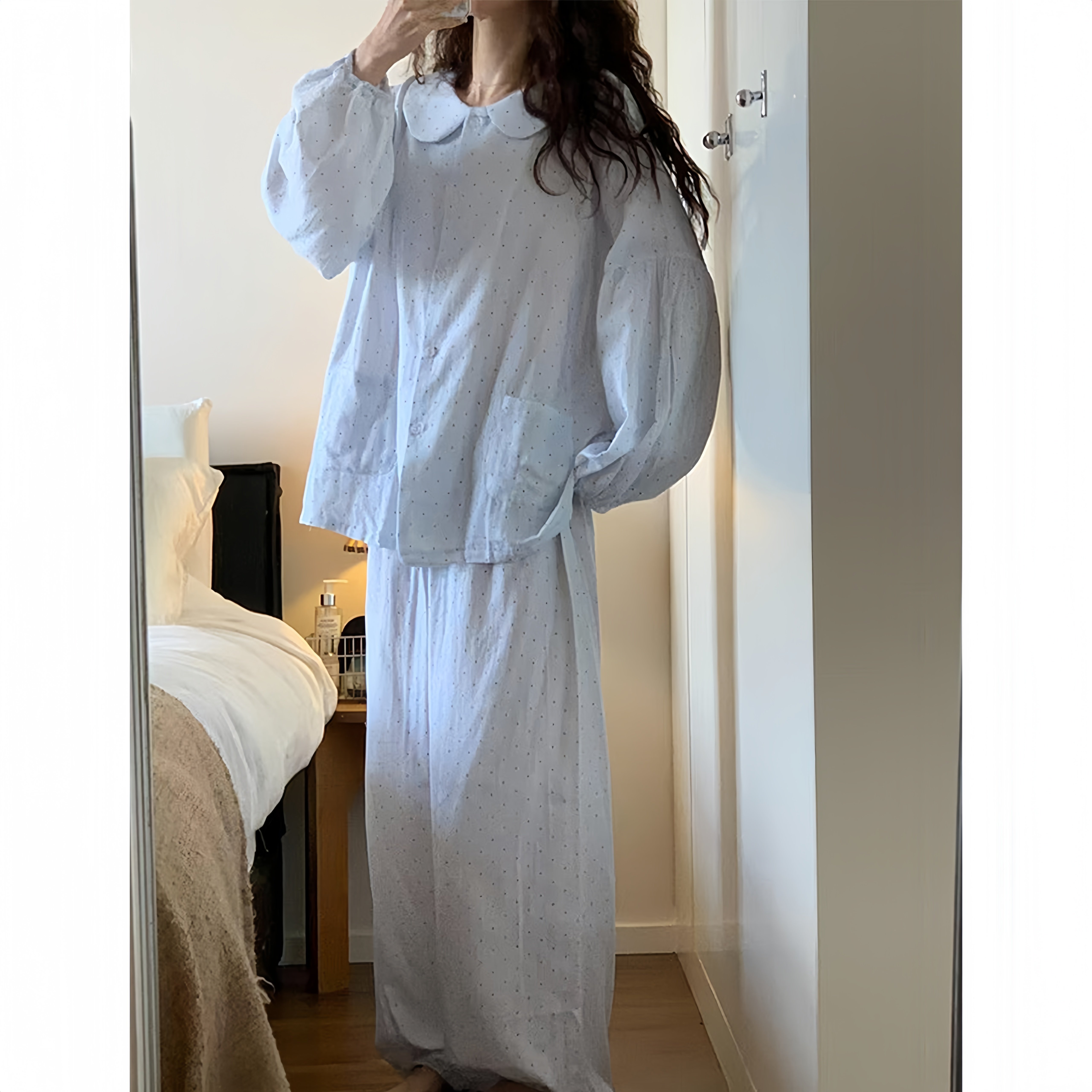 韩系纯棉蓝色波点双层纱睡衣女夏季亲肤宽松大码家居服套装可外穿