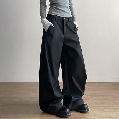 Apocket美式高级感褶皱弯刀西裤女新款复古宽松百搭直筒裤子情侣