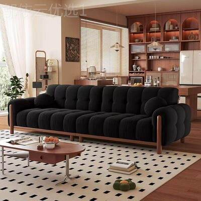 法式复钢YAR琴键客厅实木厅沙排发直奶风原木高脚油真皮中古古风