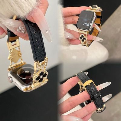 四叶草鎏金表带适用于ApplewatchS10金属细钻拼皮S98鱼子酱真皮SE