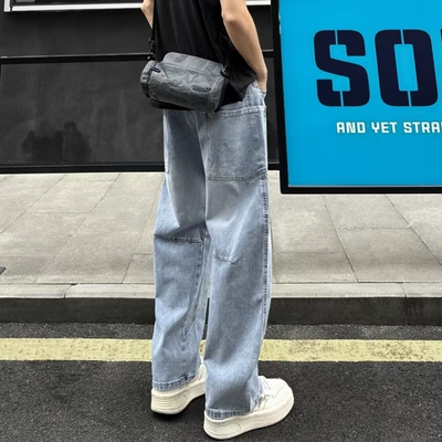 QUALCOMM美式春季阔腿弯刀牛仔长裤男款复古休闲宽松潮流拼接长裤