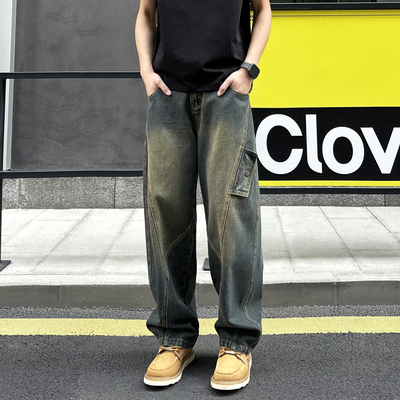 QUALCOMM复古做旧泥黄蓝牛仔裤