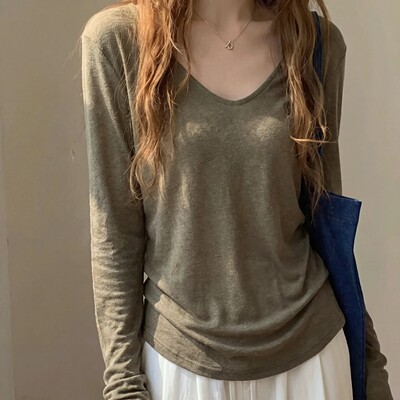 灰绿色薄款长袖内搭女早秋韩系风垂感慵懒宽松t恤正肩U领休闲上衣