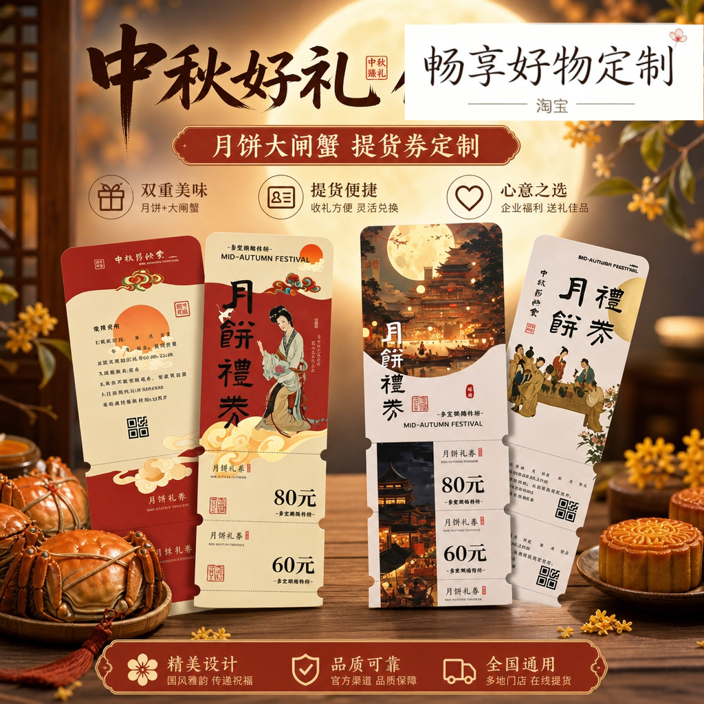 高档礼品卡大闸蟹月饼提货券2026中秋定制企业伴手礼代金券印副券