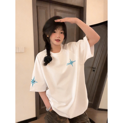 HandSeven美式复古北极星刺绣字母重磅t恤夏季新款螺纹圆领短袖