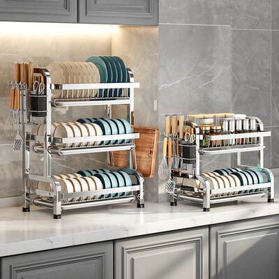 *加厚不碗锈钢厨房架沥收纳架子多功能台面放水筷碗碟置盘yPa2b52