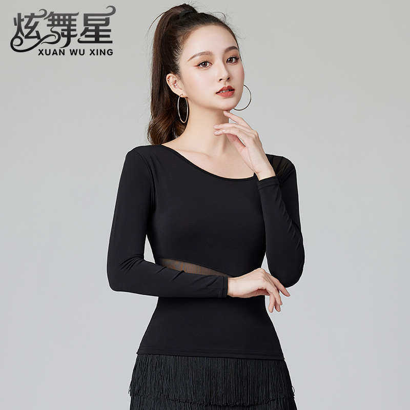 拉丁舞服女高档网纱拼接华尔兹舞服新款日常练功服长袖交谊舞上衣