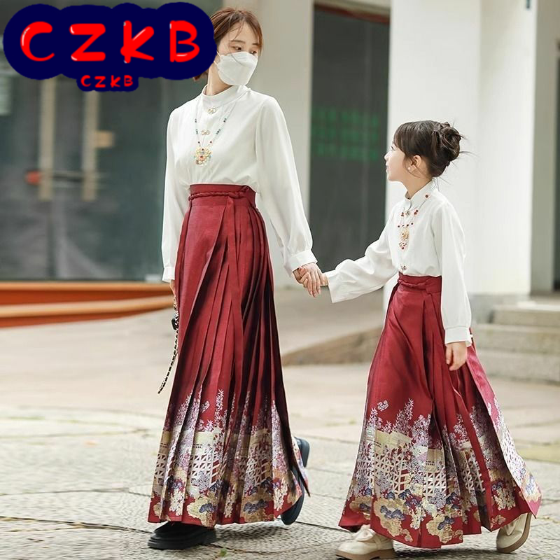 明制汉服红色马面裙套装敬酒服国风亲子装古装改良儿童汉服母女装