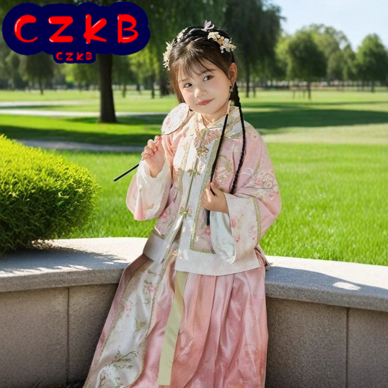 2025新款女童古风汉服中国中式儿童唐装古装粉色春秋季套装女