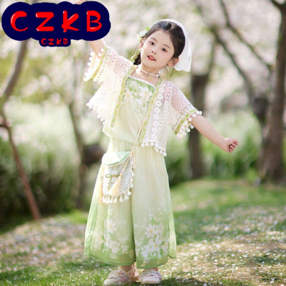 汉服女童夏款2025新款古装儿童新中式唐装古风三件套古装女孩裤装