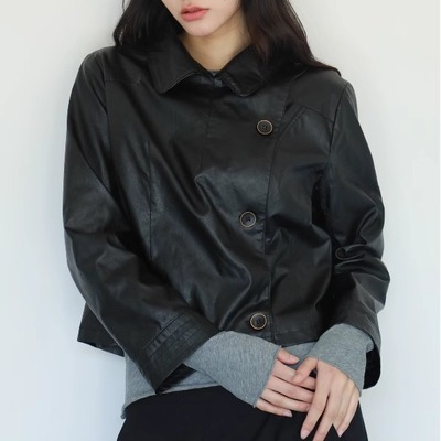 nullnone斜襟纽扣短款皮衣外套