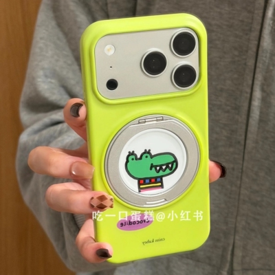 绿底白圈鳄鱼360旋转支架苹果17promax手机壳iphone1615菲林半包单壳+360旋转支点支架