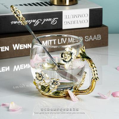 珐彩水杯耐FLCT-2热玻璃杯新花茶杯茉莉花家用杯琅子装创意款咖套