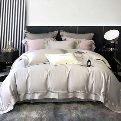 1简约轻奢风植物珍丝棉高端床上用品纯色宽边被套床单双人四件套