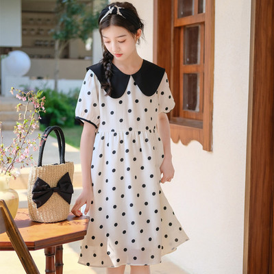 骄骄虎女大童夏季2024新款学院风波点圆点雪纺女孩5248