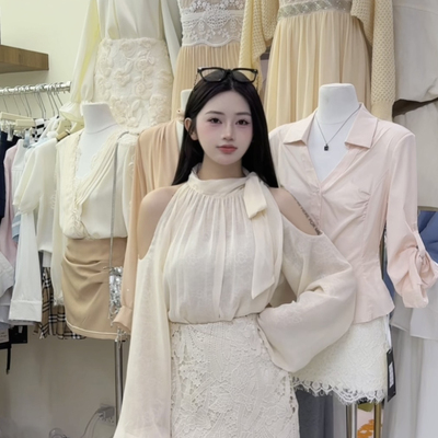 MEI ZI 美姿-大爆款纯欲风气质女神挂脖露肩小衫+蕾丝半身裙套装