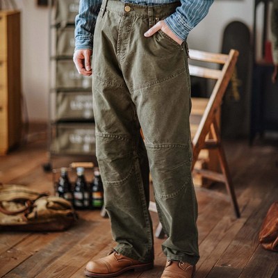 靛海美式直筒工装裤重磅伞兵裤双膝复古军裤机车裤休闲加长裤子男