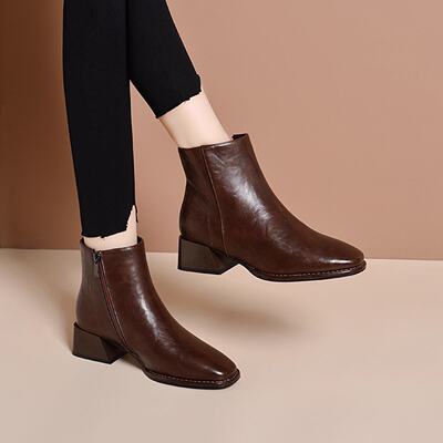 切尔西女靴2025秋冬新款中跟显瘦棕色靴子粗跟短靴女加绒方头裸靴