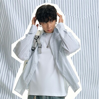 TGNS中性风美式浅蓝色条纹衬衫男春季中性风宽松衬衣情侣上衣外套