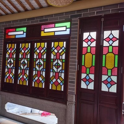 岭南满洲窗实木骑楼窗仿古屏风工艺海棠印彩色玻璃西关屋门窗