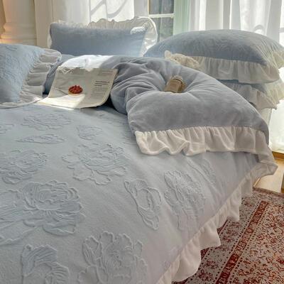 冬季花加式主厚牛11211奶绒四件套法花卉雕被套双面绒4件套花边款