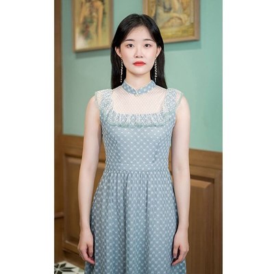 固执无袖立领小清新灰湖绿碎花中长连衣裙女41112LQ06576 8.15