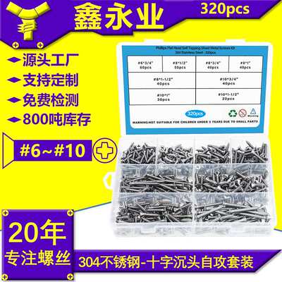 320pcs304不锈钢GB846#6~#10十字沉头自攻螺丝自攻钉跨境盒装
