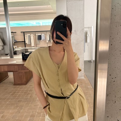 KITTIN-夏上新韩系休闲简约假两件V领小飞袖衬衫(配腰带)C8639-1