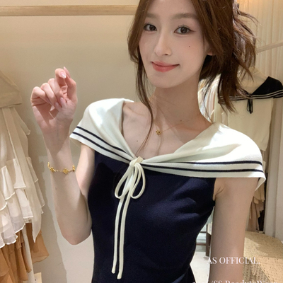 AS OFFICIAL-顶美少女巨爱超心水海军领撞色一字肩针织小衫16356