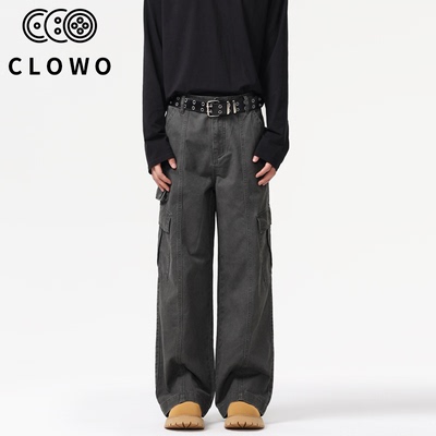 CLOWO高街做旧宽松直筒工装裤男
