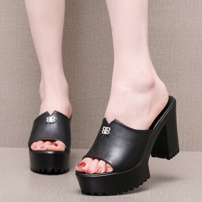 超高跟拖鞋女鱼嘴外穿粗跟10czm黑白色试衣间一字拖防水台厚底凉