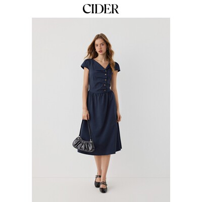 CIDER2026春季新品不对称领格子抽褶绑带中长伞裙连衣裙115041914